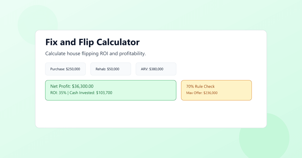 Free Fix and Flip Calculator - House Flipping ROI & Profit Calculator 2025